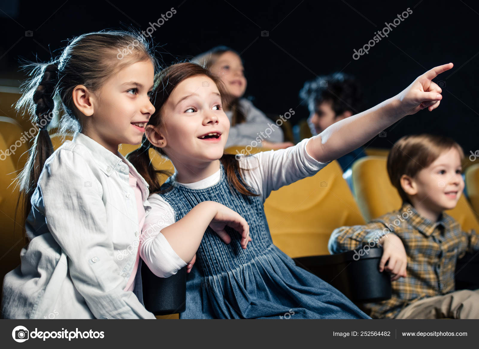 Excited Kid Pointing Finger While Watching Movie Cinema Together ...