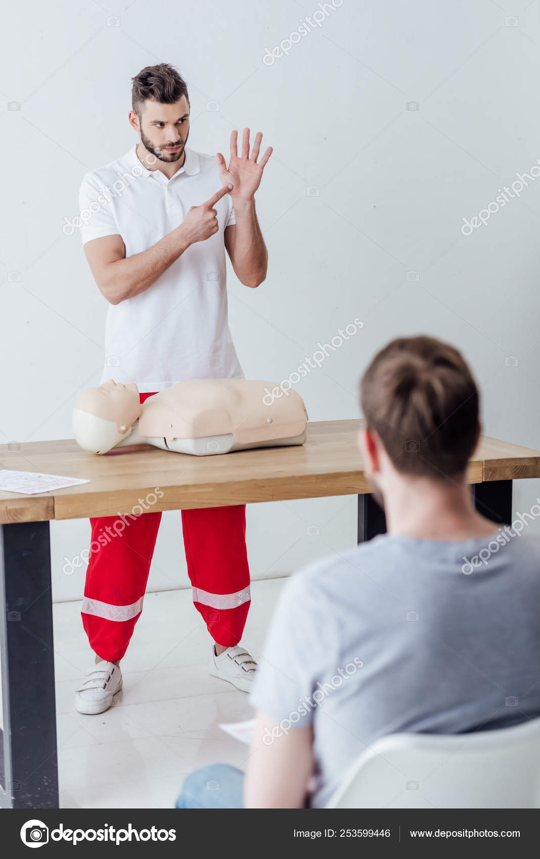 Selective Focus Handsome Instructor Pointing Finger First Aid Training ...