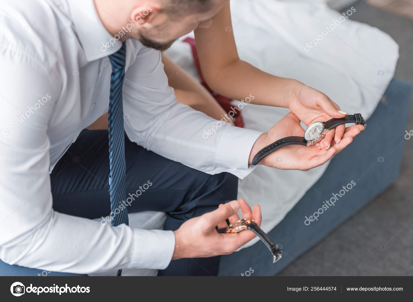 Cropped View Man Holding Watches While Sitting Bed Woman — Stock Photo ...