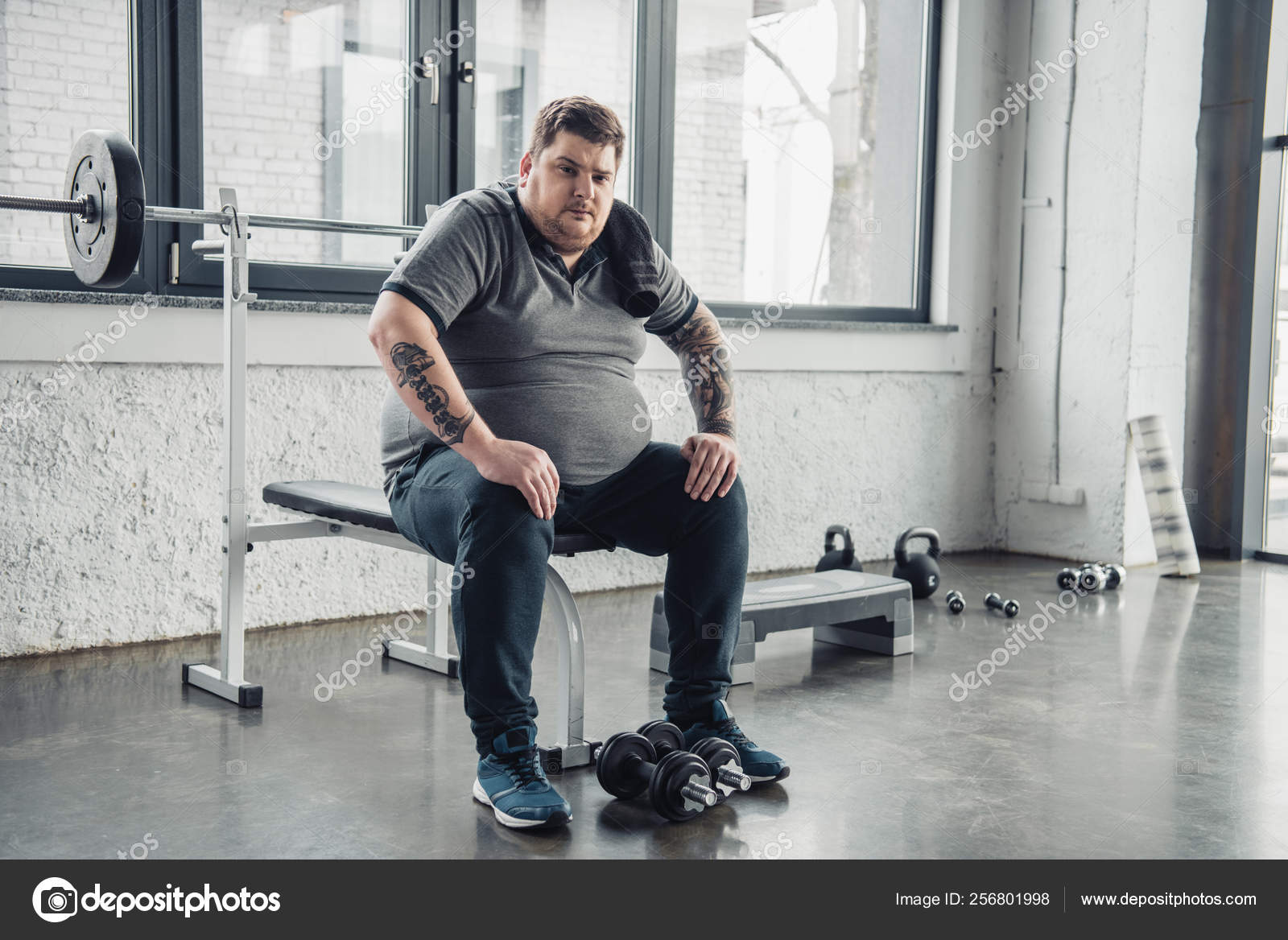 Tired Obese Man Sitting Bench Looking Camera Exercising Dumbbells Gym ...