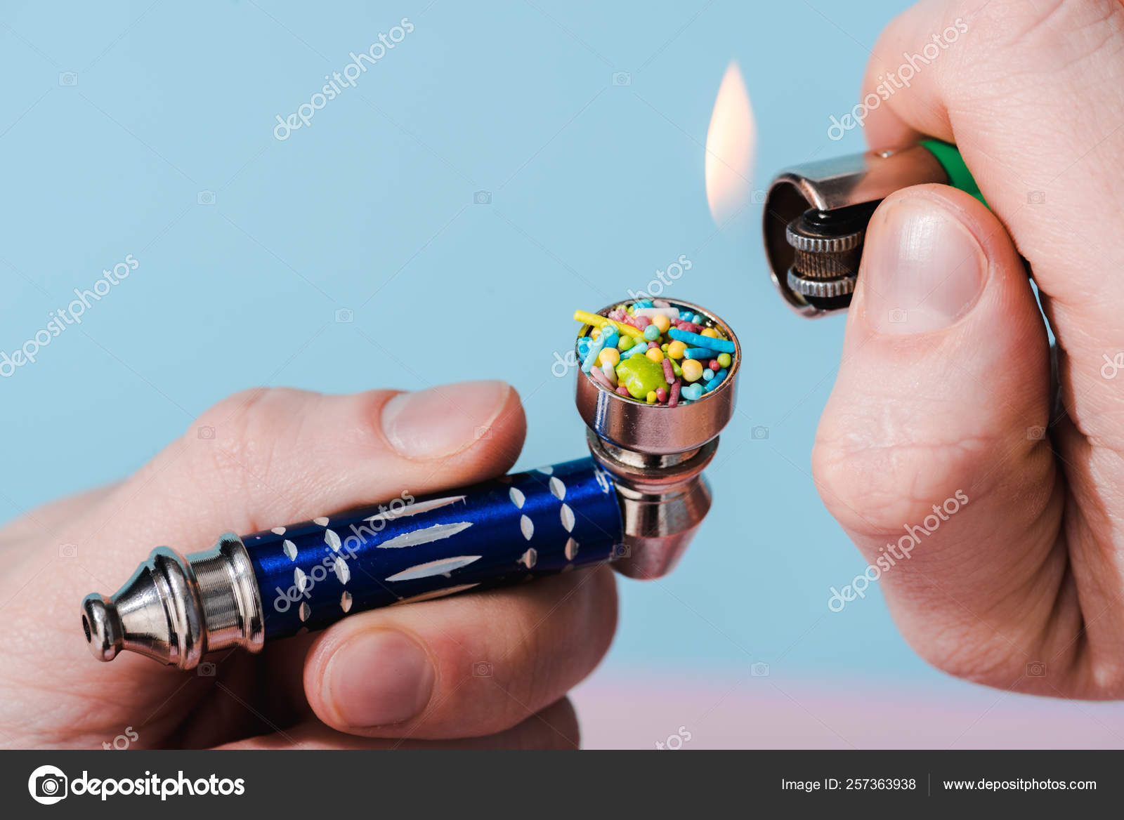 Cropped View Man Lighting Smoking Pipe Colorful Sprinkles Blue Sugar ...