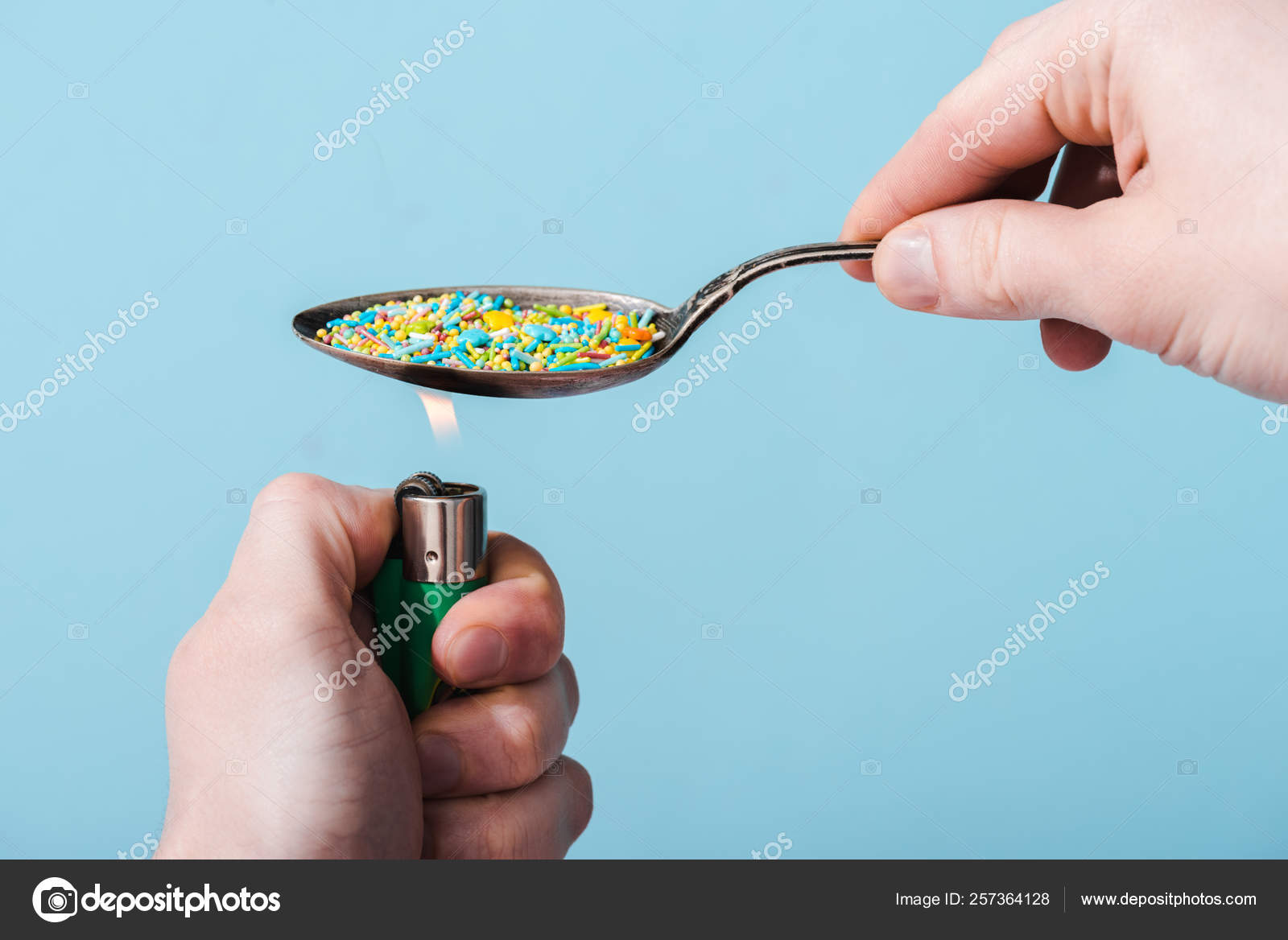 Cropped View Man Lighting Metal Spoon Colorful Sprinkles Isolated Blue ...