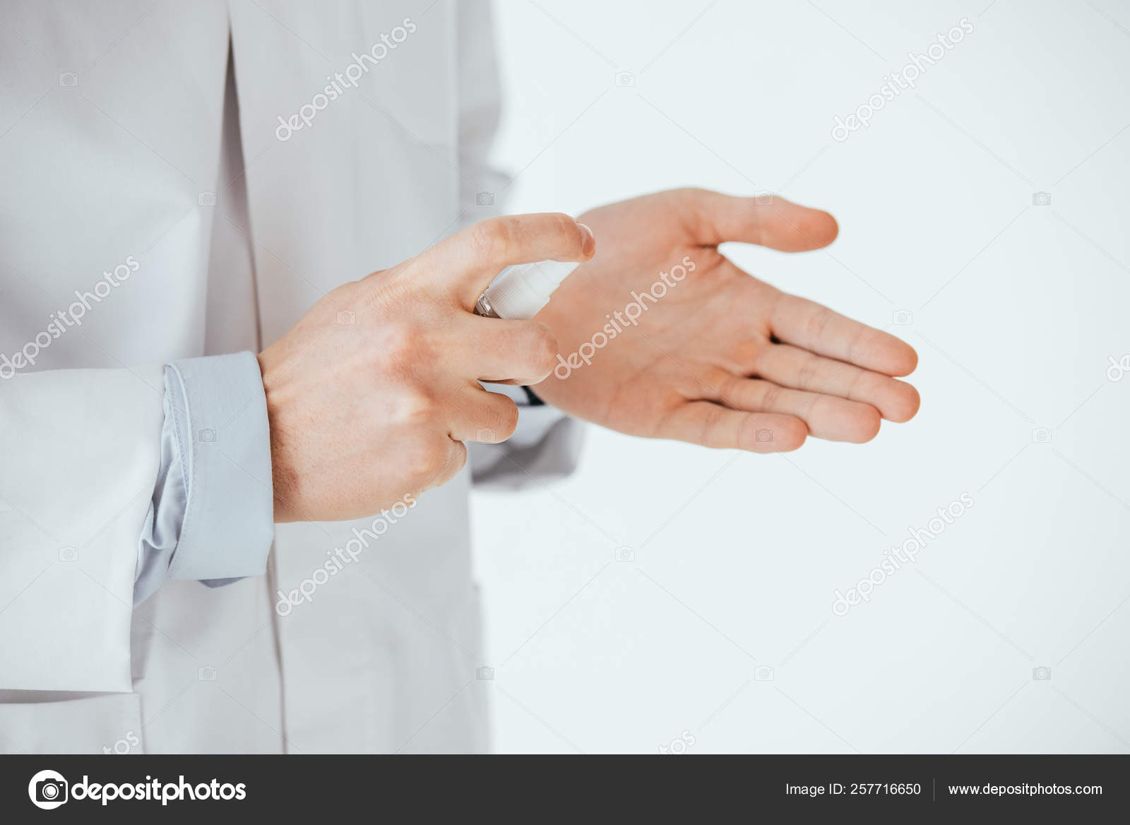 Cropped View Doctor Applying Antibacterial Spray Hand Isolated White ...