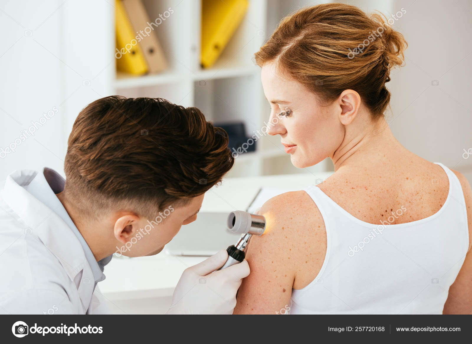Dermatologist Latex Gloves Holding Dermatoscope While Examining ...