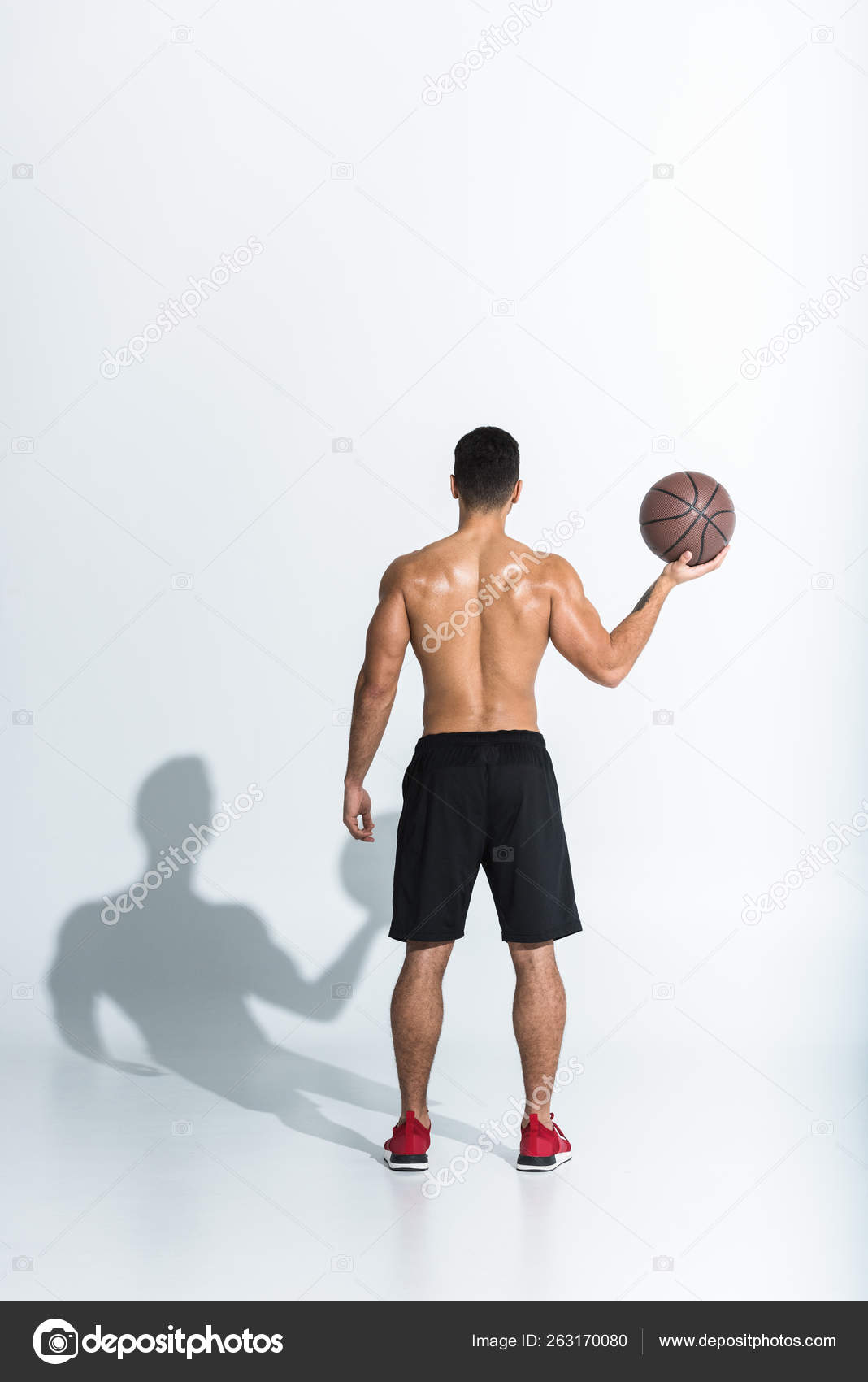 Back View Athletic Man Black Shorts Holding Brown Ball White Stock ...