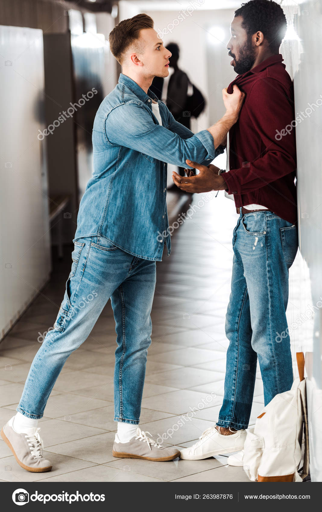 Full Length View Two Multicultural Students Fighting Corridor College ...