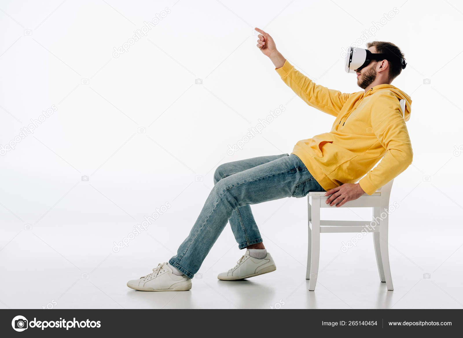 Side View Man Virtual Reality Headset Sitting Chair Pointing Finger ...