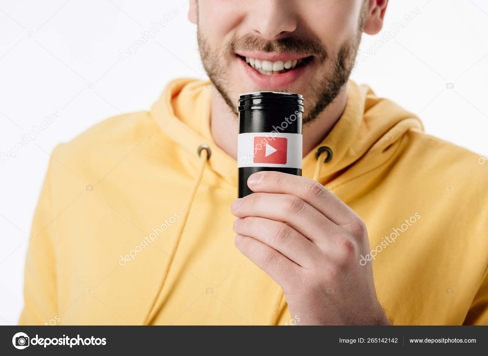 Cropped View Man Holding Container Youtube Logo Isolated White — Stock ...