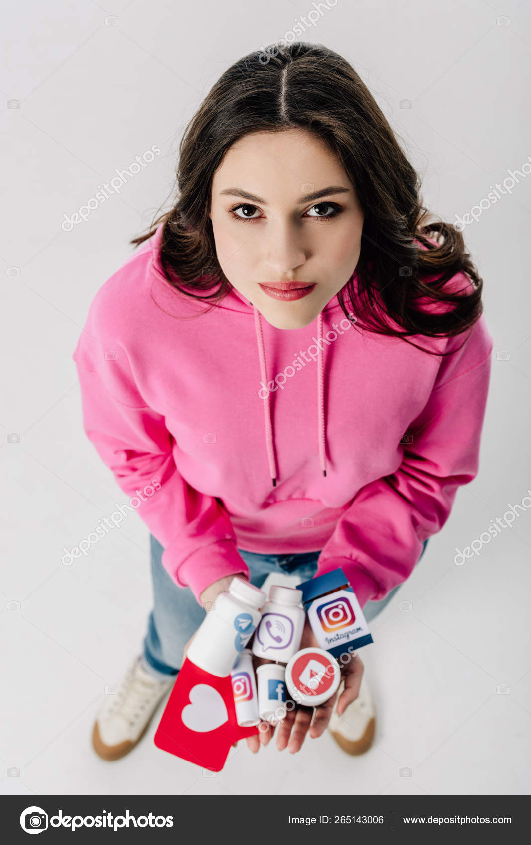 Overhead View Girl Holding Containers Social Media Logos Red Paper ...