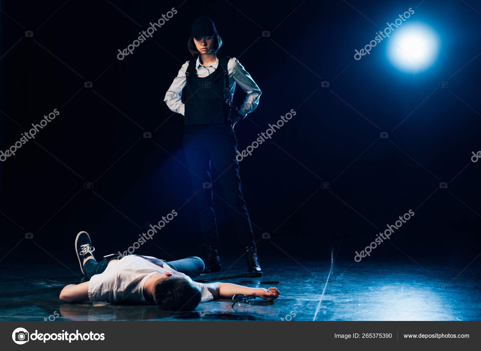 Full Length View Investigator Uniform Standing Corpse Crime Scene Stock ...