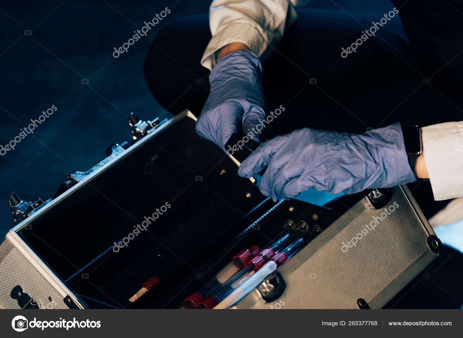 Cropped View Investigator Rubber Gloves Investigation Kit Crime Scene ...