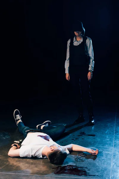 Full Length View Investigator Uniform Standing Corpse Crime Scene Stock ...