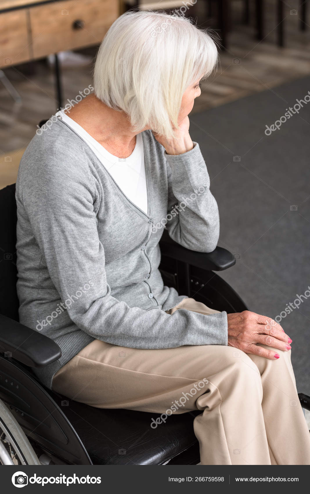 Sad Disabled Senior Woman Sitting Wheelchair Looking Away Stock Photo ...