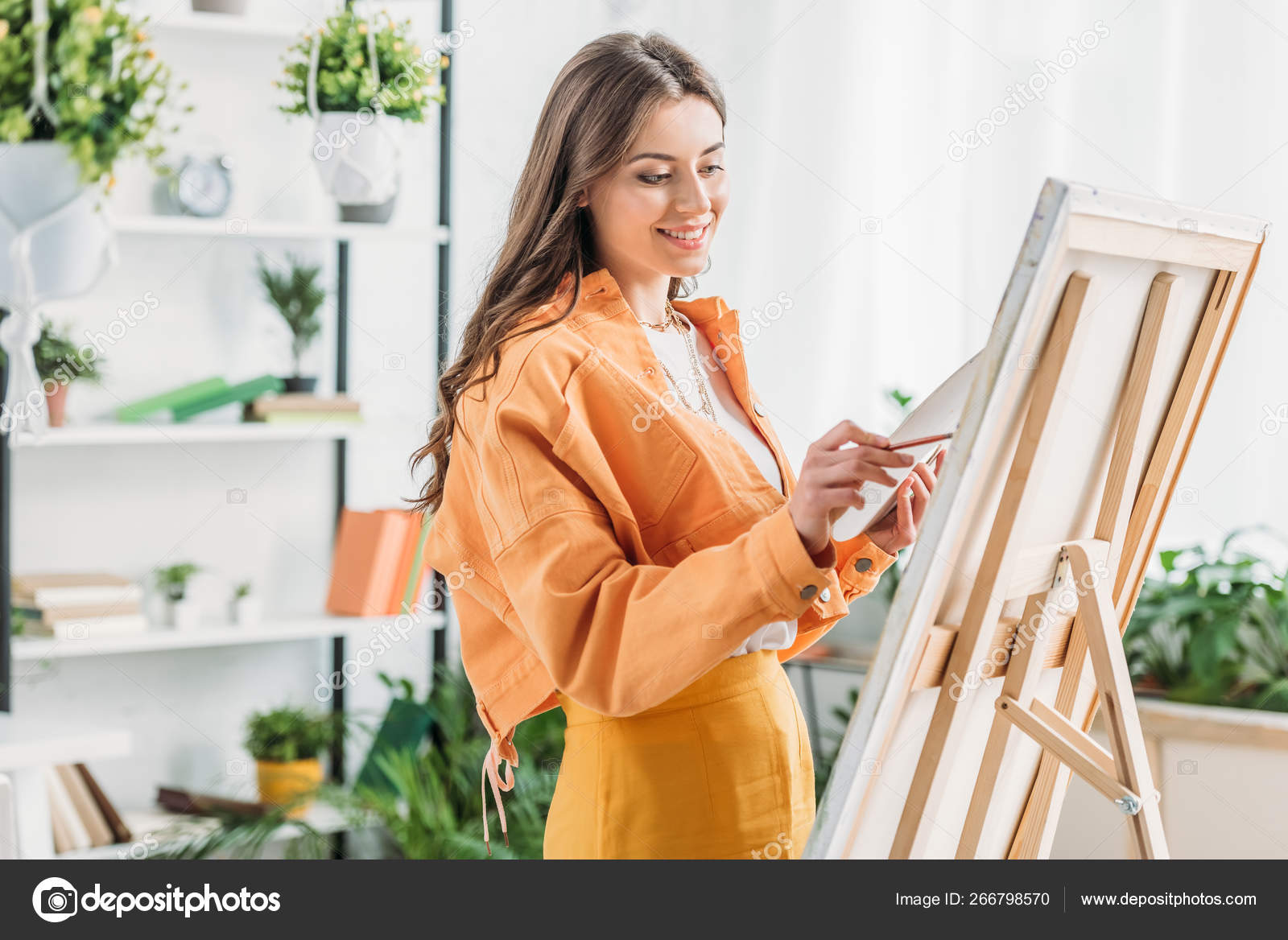 Young Attractive Artist Smiling While Drawing Canvas Paintbrush — Stock ...