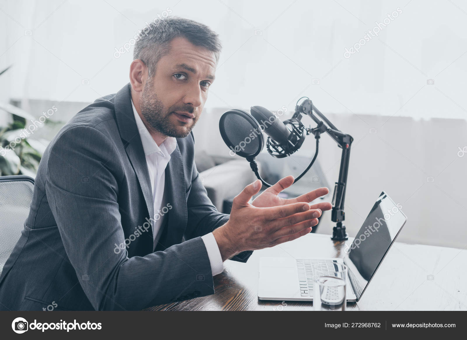 Handsome Radio Host Gesturing Looking Camera While Sitting Workplace ...