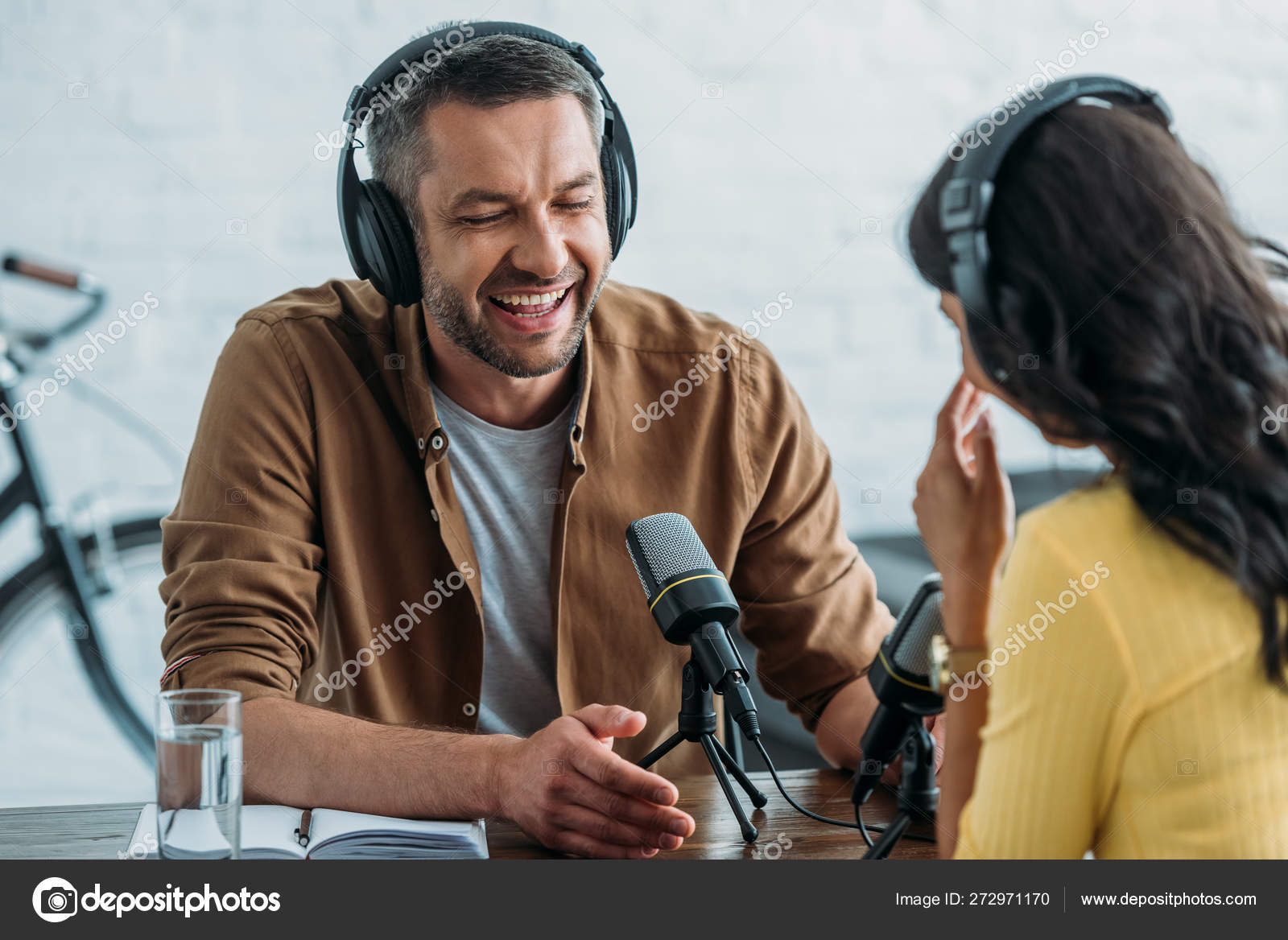 Cheerful Radio Host Laughing While Recording Podcast Colleague Stock ...