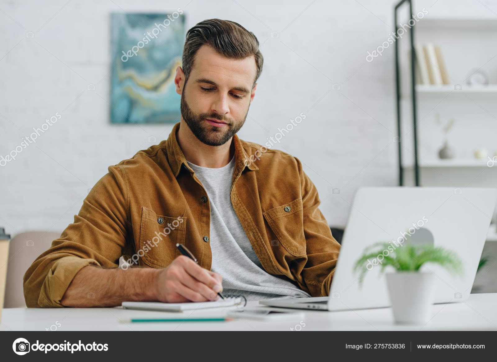 Handsome Man Writing Notebook Pen Apartment — Stock Photo ...