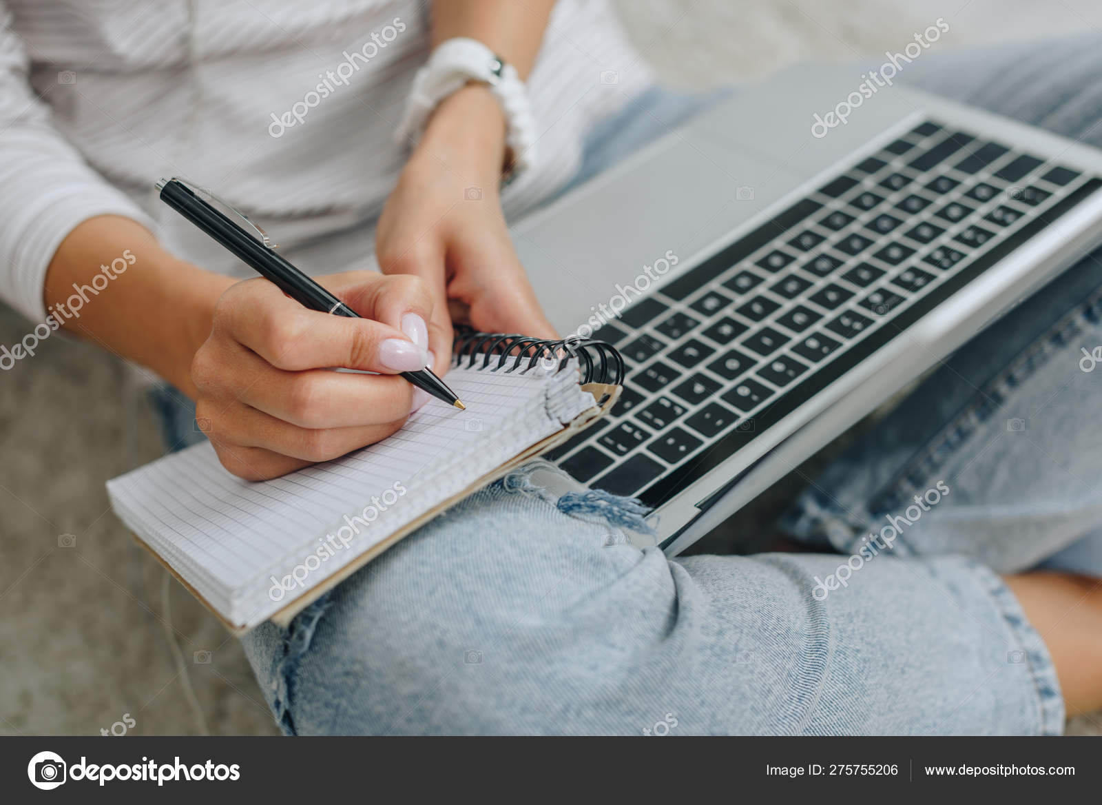 Cropped View Woman Writing Notebook Holding Laptop — Stock Photo ...