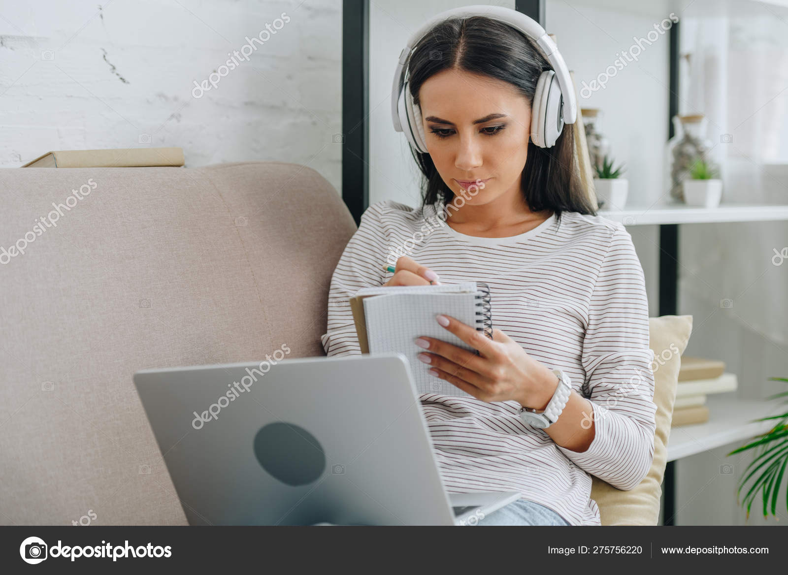 Beautiful Woman Headphones Writing Notebook Holding Laptop — Stock ...