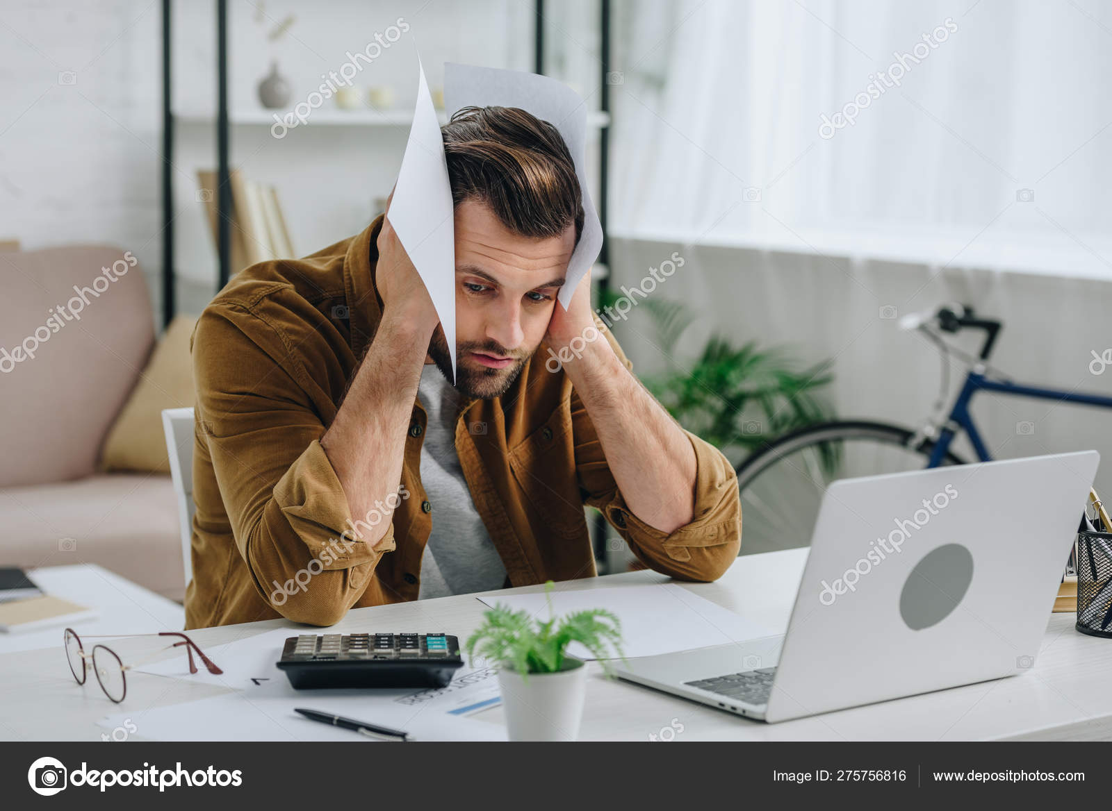 Handsome Sad Man Shirt Holding Papers Looking Calculator Stock Photo by ...