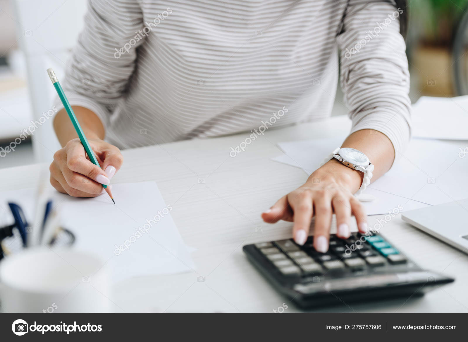 Cropped View Woman Using Calculator Writing Pencil Stock Photo by ...