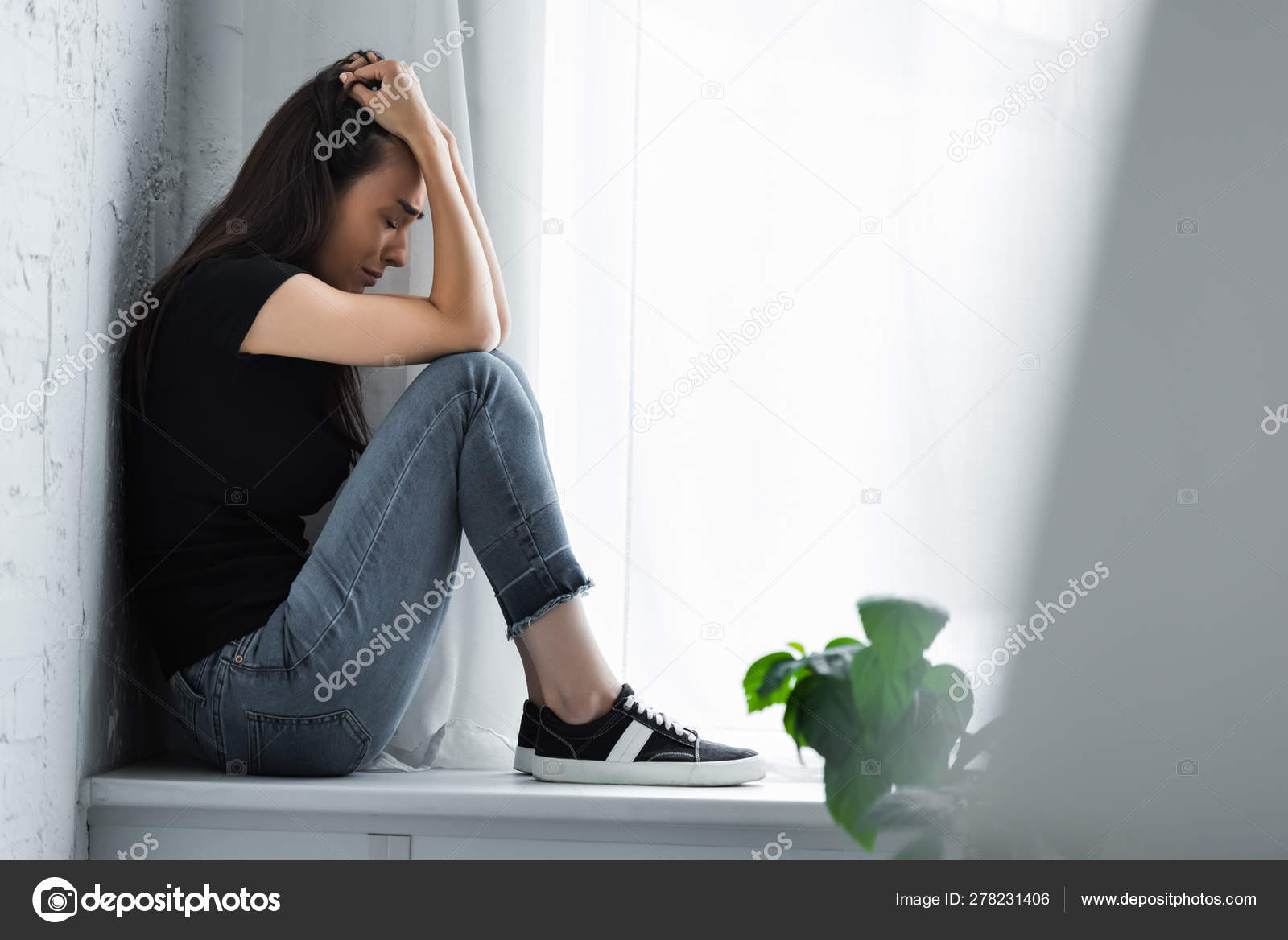 Selective Focus Young Woman Crying While Sitting Window Sill Suffering ...
