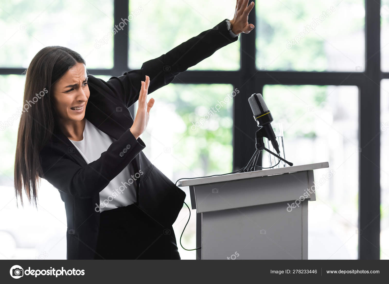 Scared Lecturer Suffering Fear Public Speaking Gesturing Hands While ...
