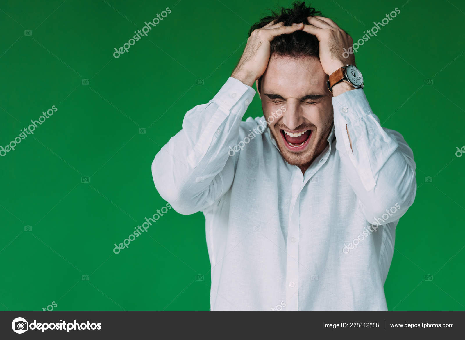 Stressed Man Shirt Wristwatch Touching Head Screaming Isolated Green ...