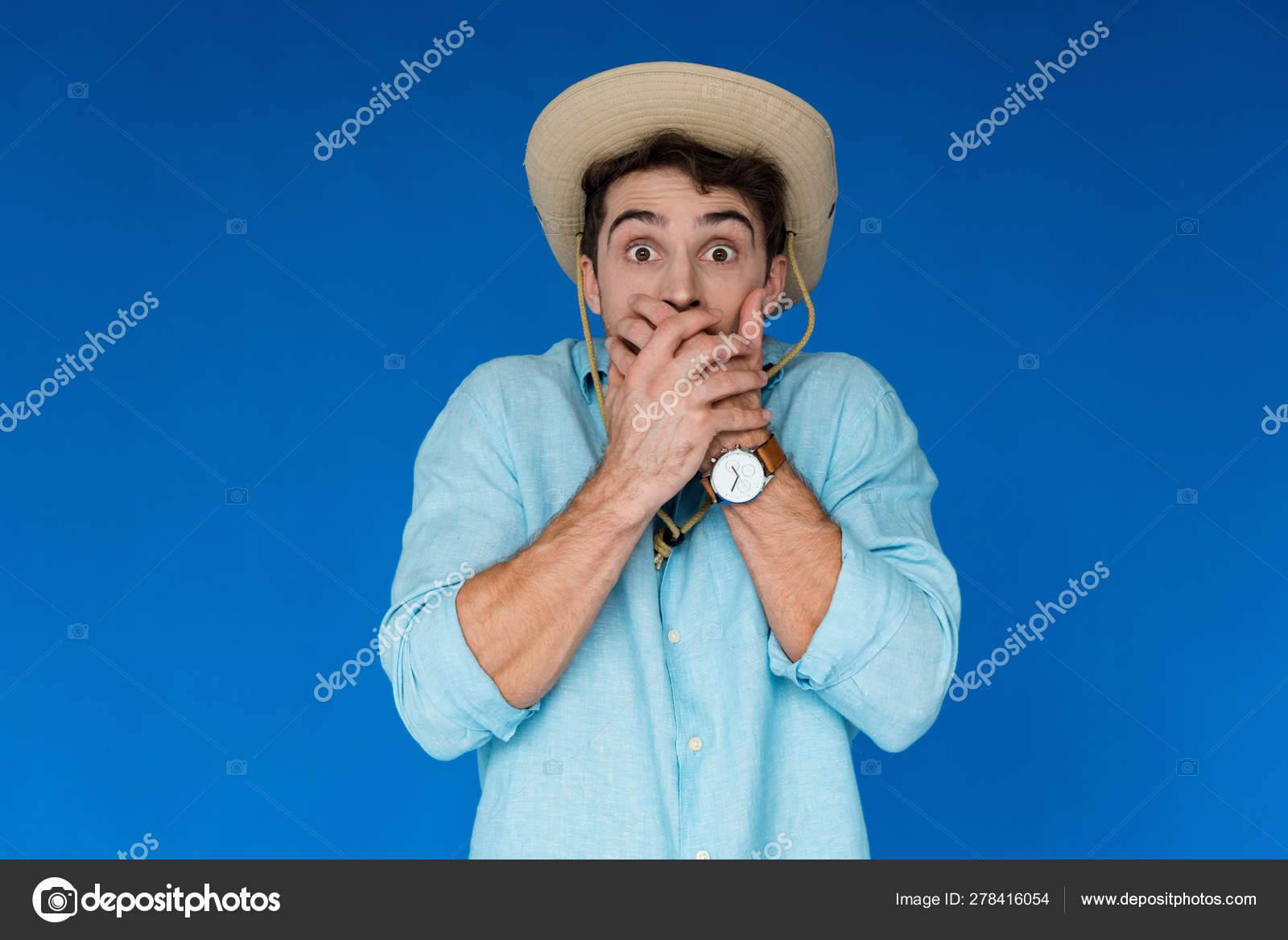Front View Scared Tourist Safari Hat Wristwatch Covering Mouth Hands ...