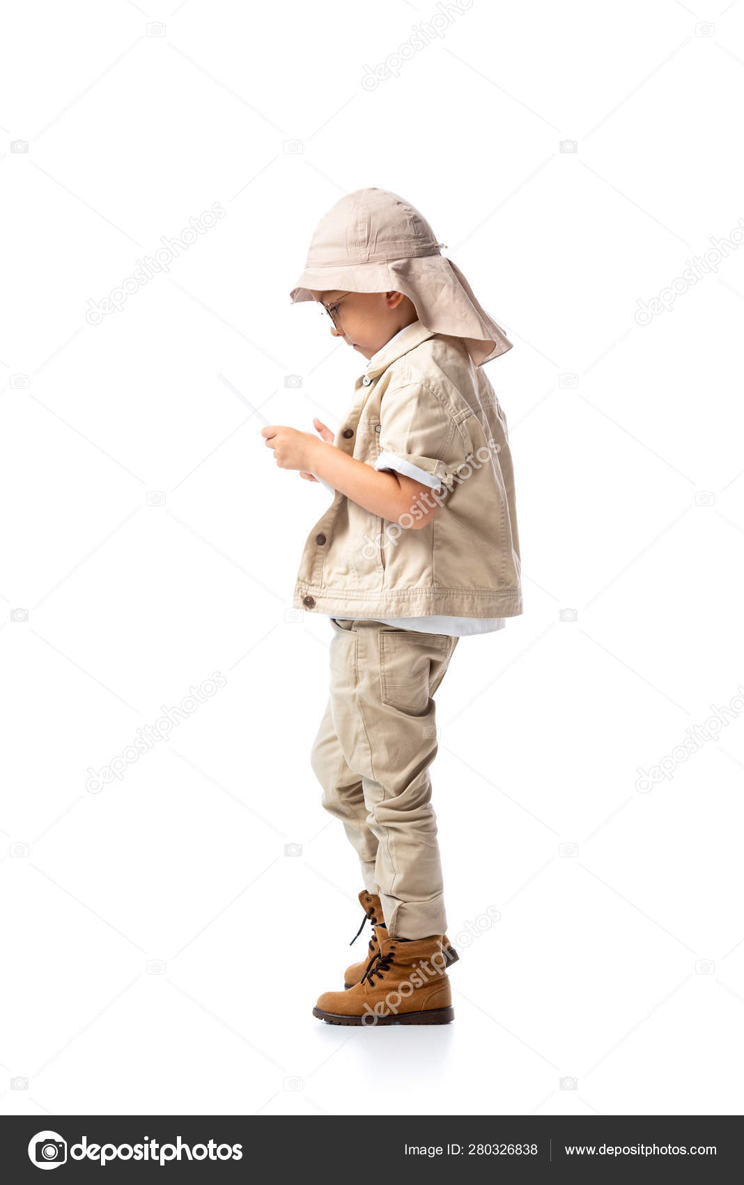 Side View Explorer Child Glasses Hat Using Digital Tablet Isolated ...