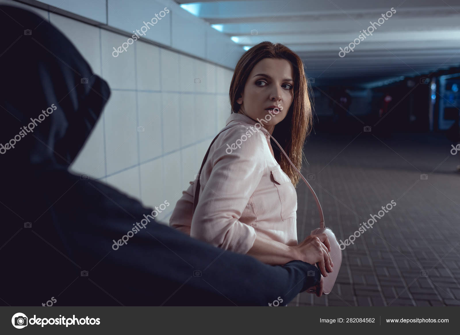 Thief Stealing Bag Beautiful Woman Underpass — Stock Photo ...