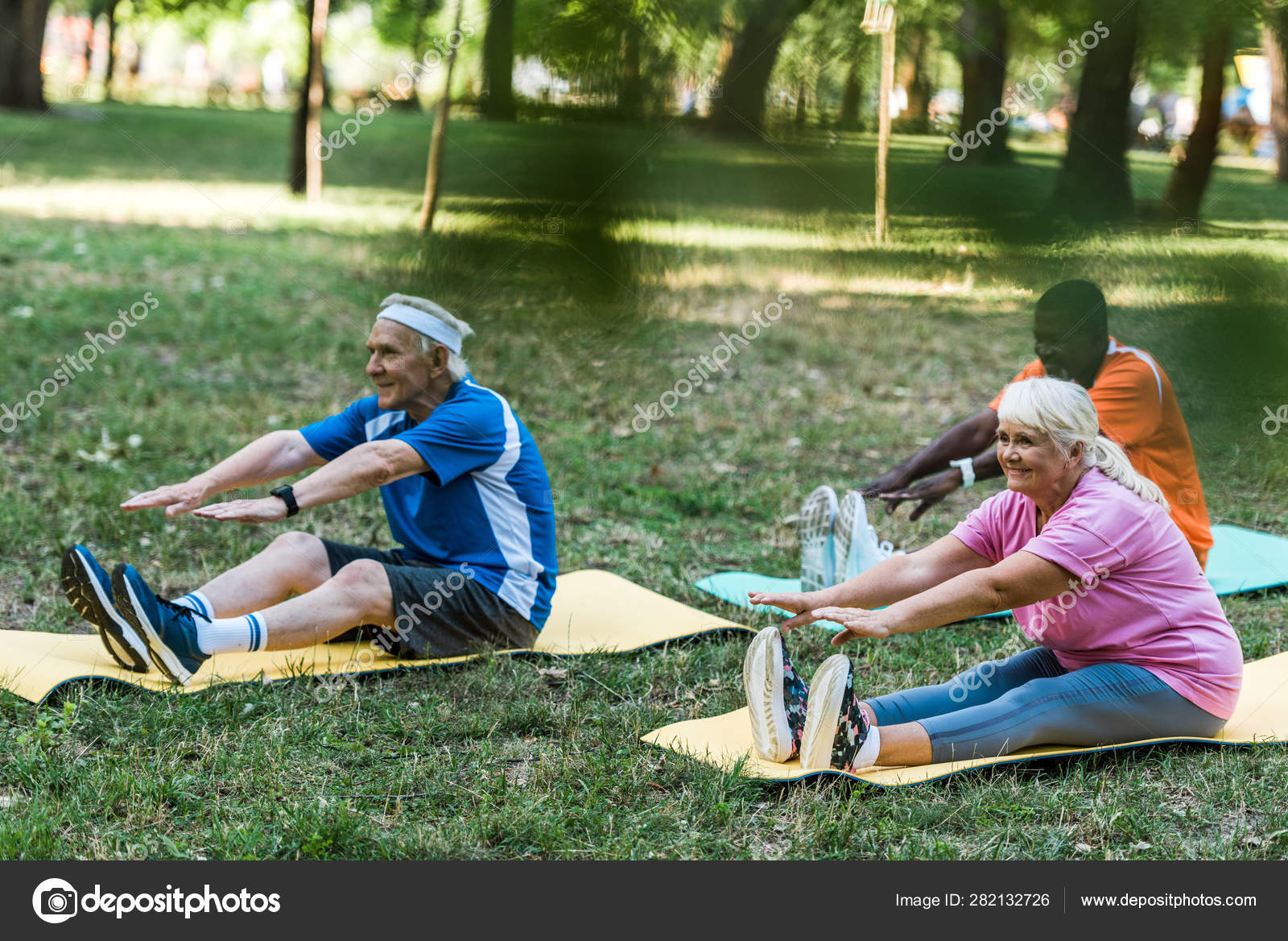 Selective Focus Senior Woman Grey Hair Multicultural Men Working Out ...