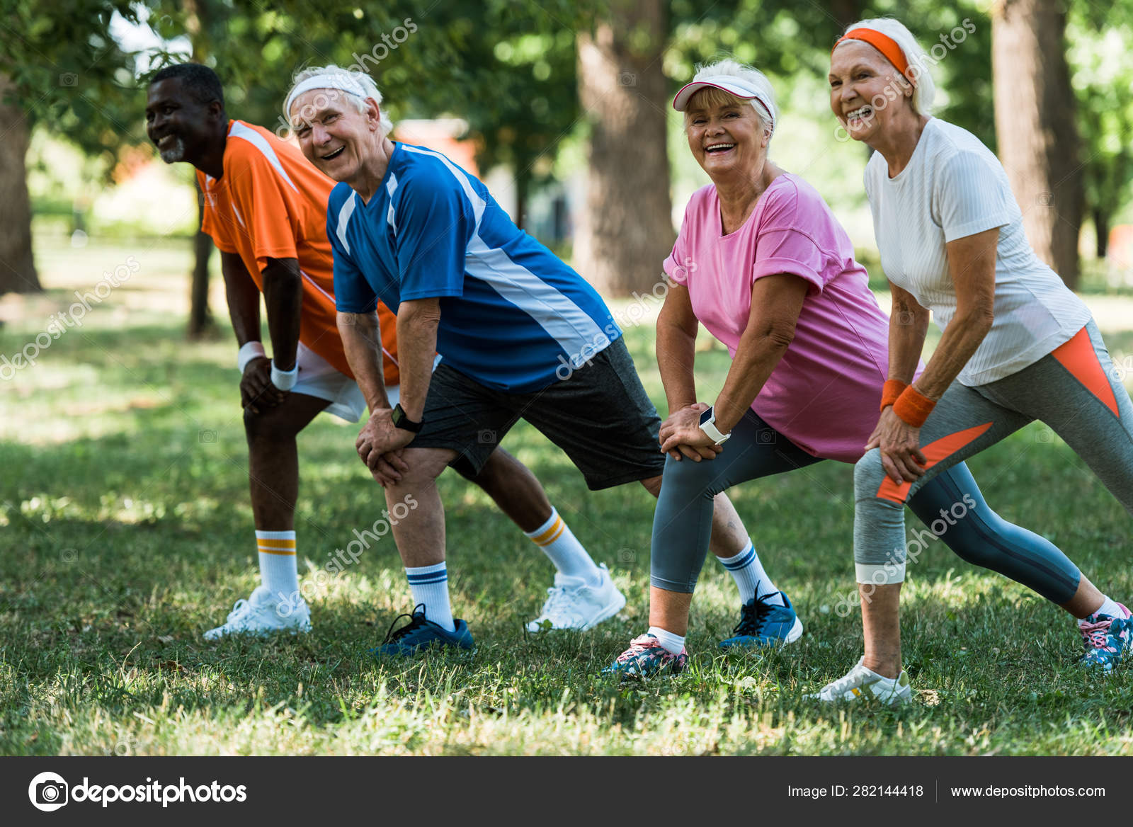 Happy Senior Multicultural People Exercising Grass — Stock Photo ...