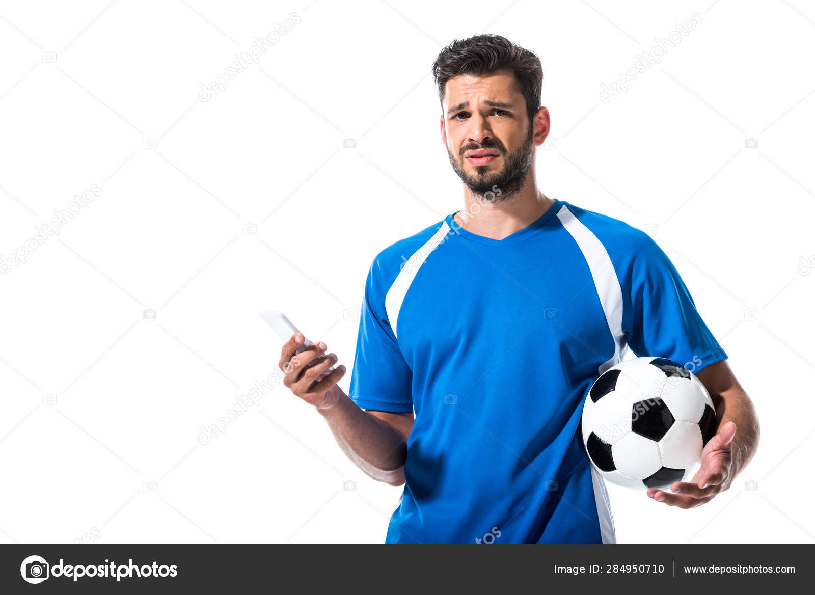 Confused Soccer Player Ball Using Smartphone Isolated White — Stock ...