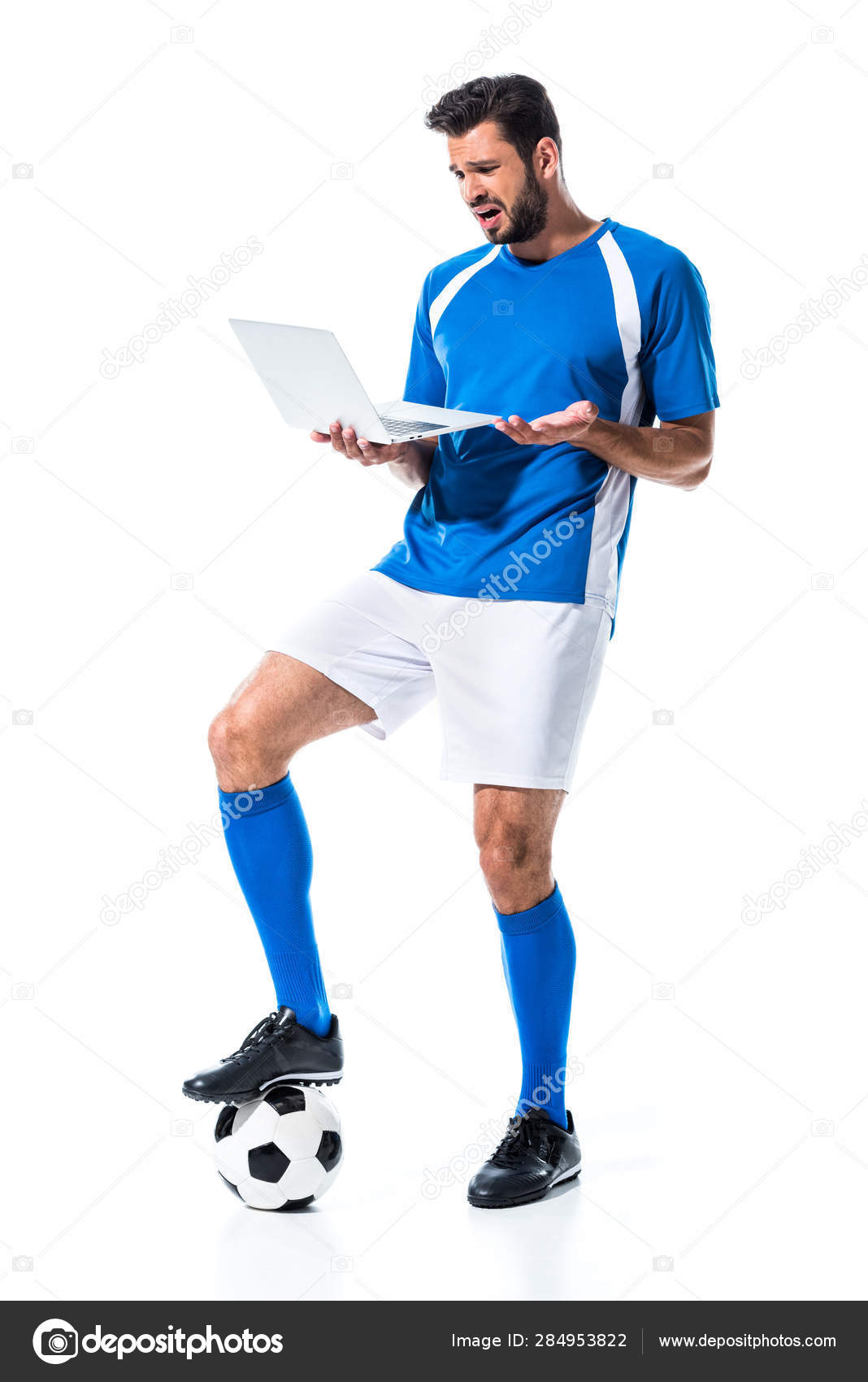 Confused Soccer Player Using Laptop Standing Ball Isolated White ...