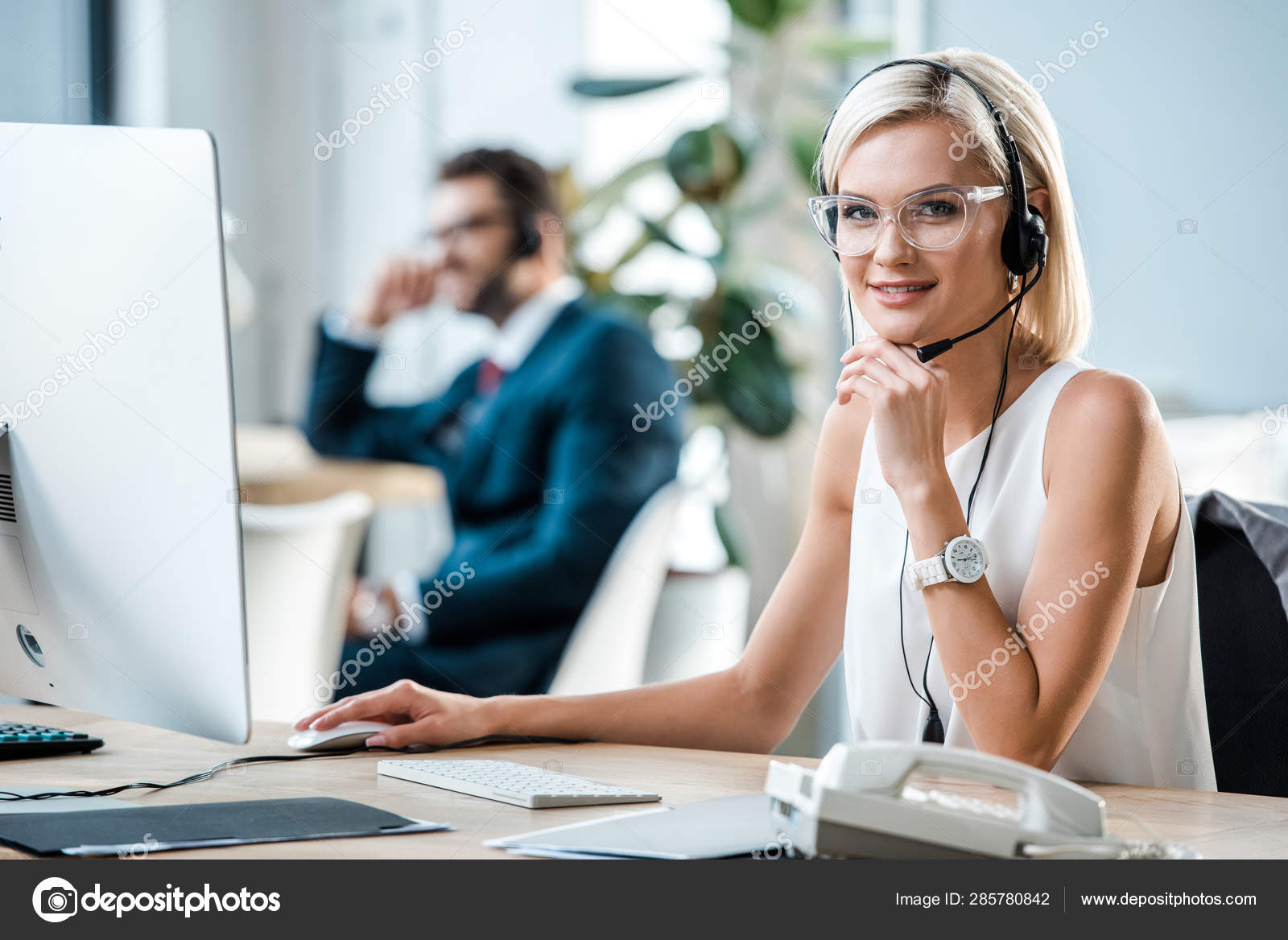 Selective Focus Cheerful Blonde Operator Headset Looking Camera Stock ...