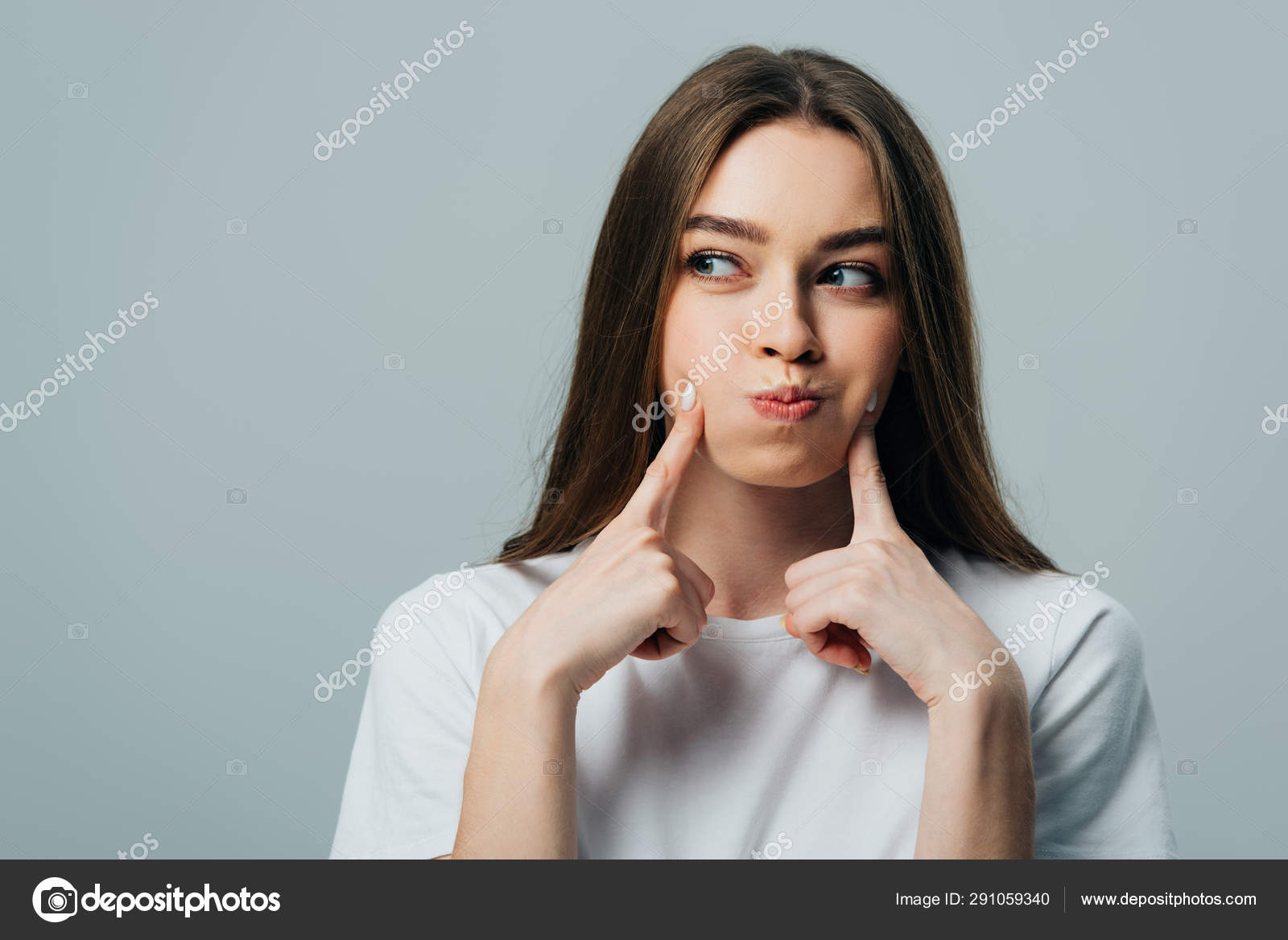 Beautiful Funny Girl Blowing Cheeks Looking Away Isolated Grey Stock ...