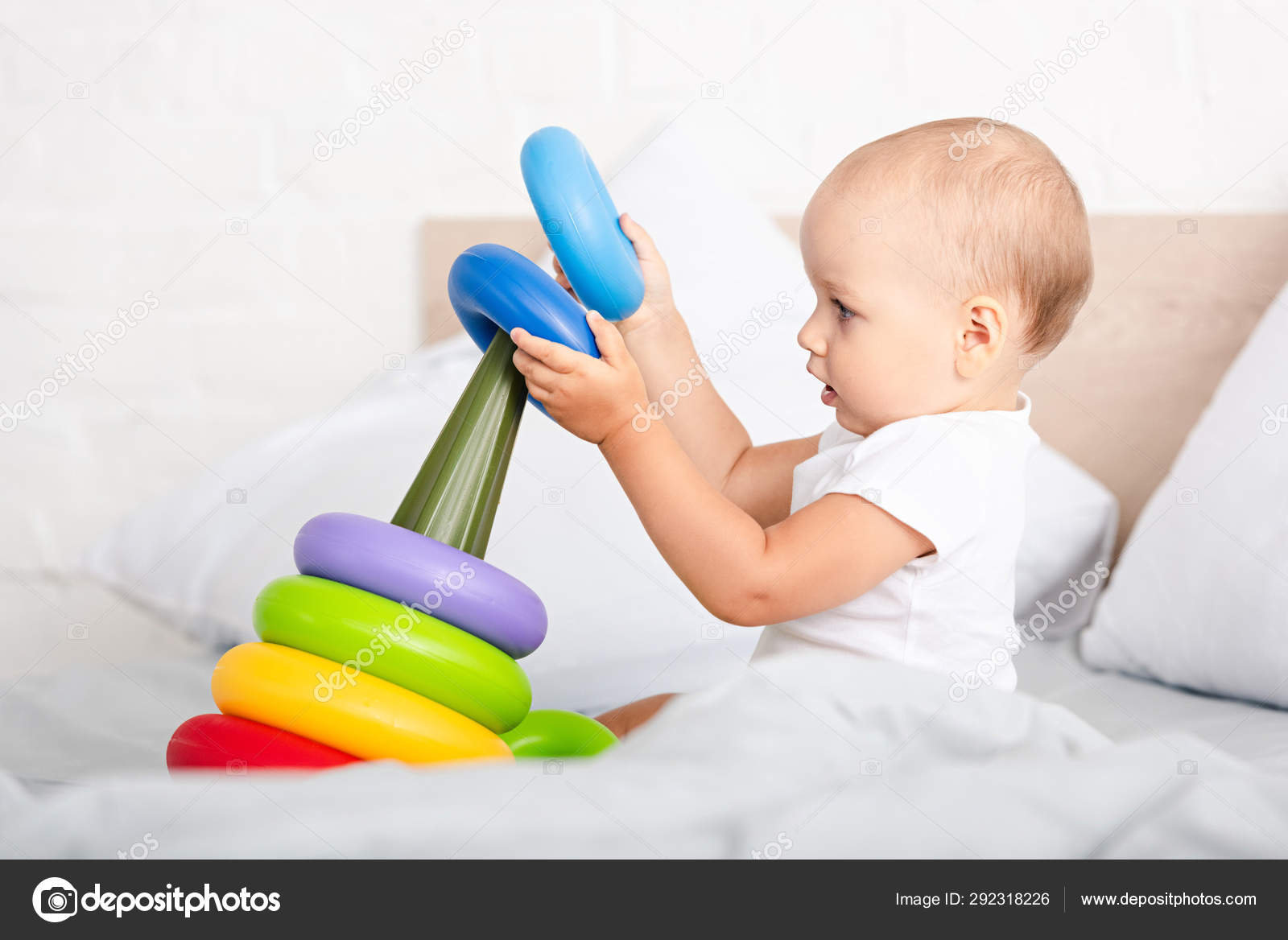 Side View Cute Little Child White Clothes Playing Toy Pyramid — Stock ...