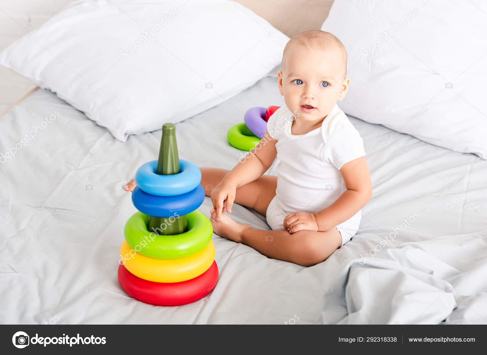 Cute Barefoot Child White Clothes Sitting Bed Toy Pyramid — Stock Photo ...