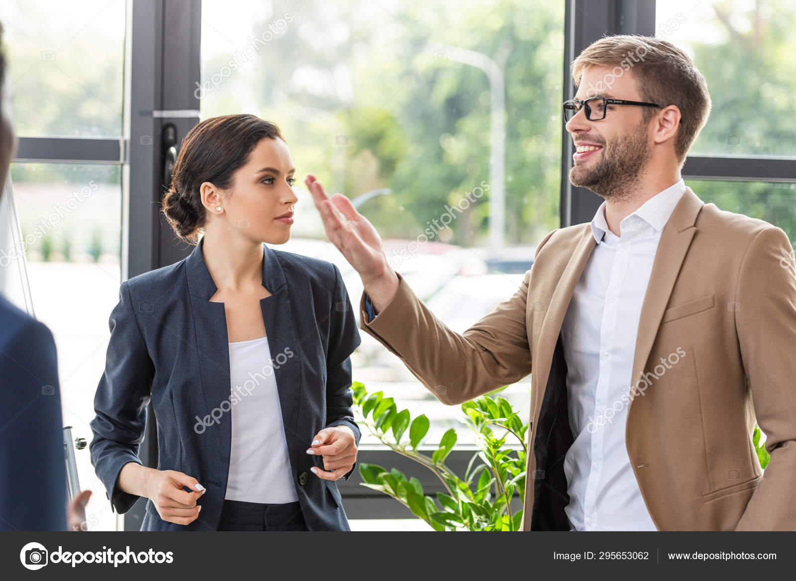 Two Colleagues Formal Wear Standing Windows Office — Stock Photo ...