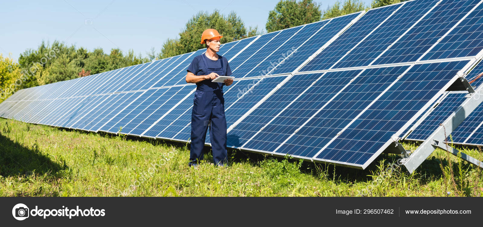 Panoramic Shot Handsome Engineer Overalls Hardhat Holding Digital ...