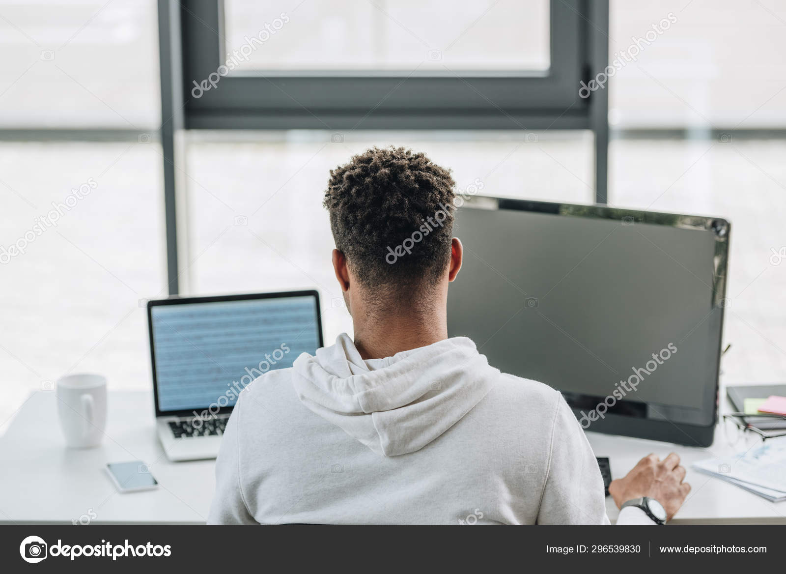 Back View African American Programmer Working Computers Office Stock ...