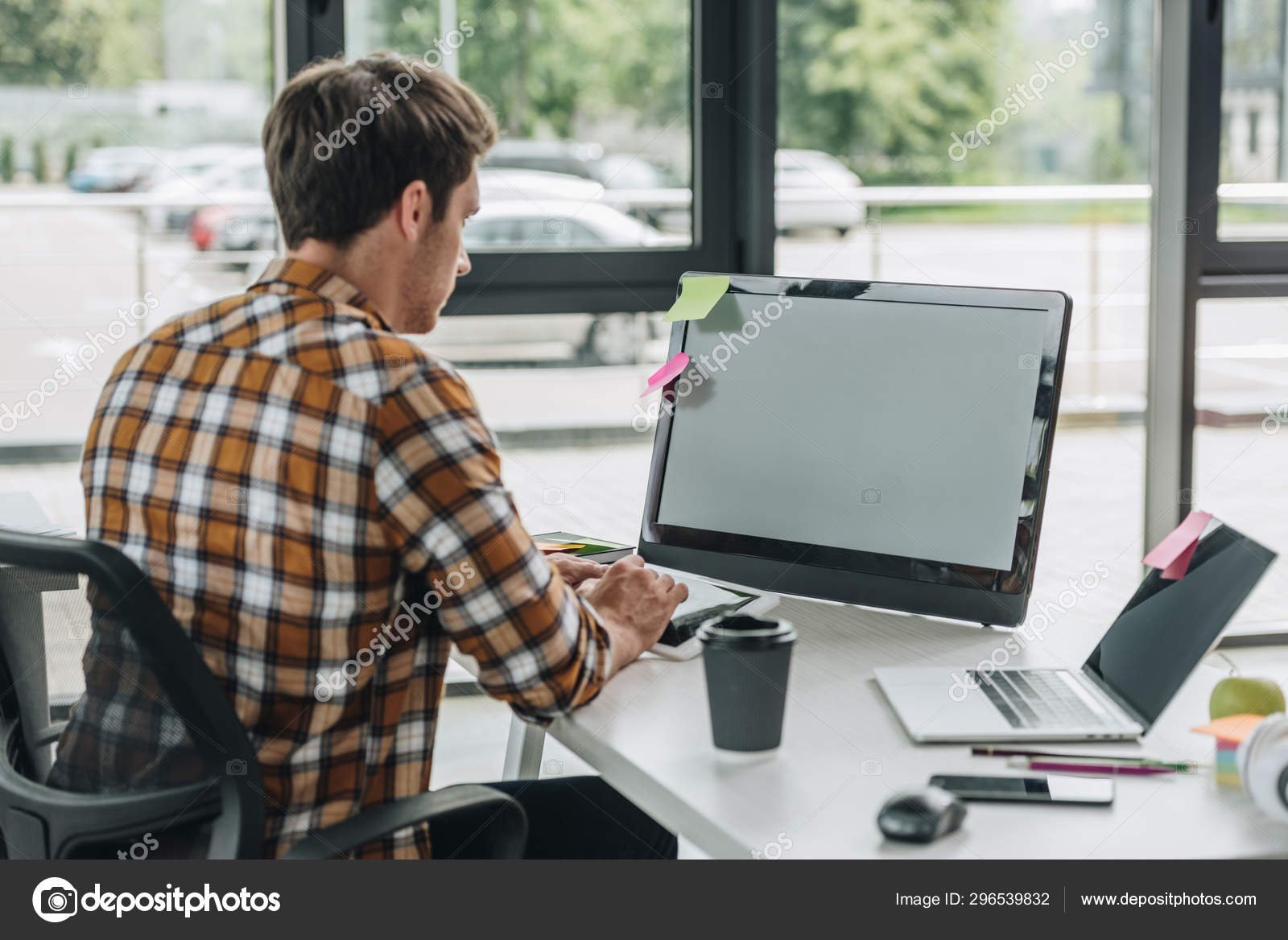 Back View Young Programmer Working Computer While Sitting Workplace ...