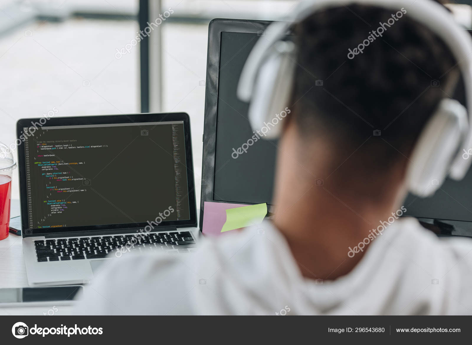 Back View African American Programmer Headphones Working Laptop Office ...