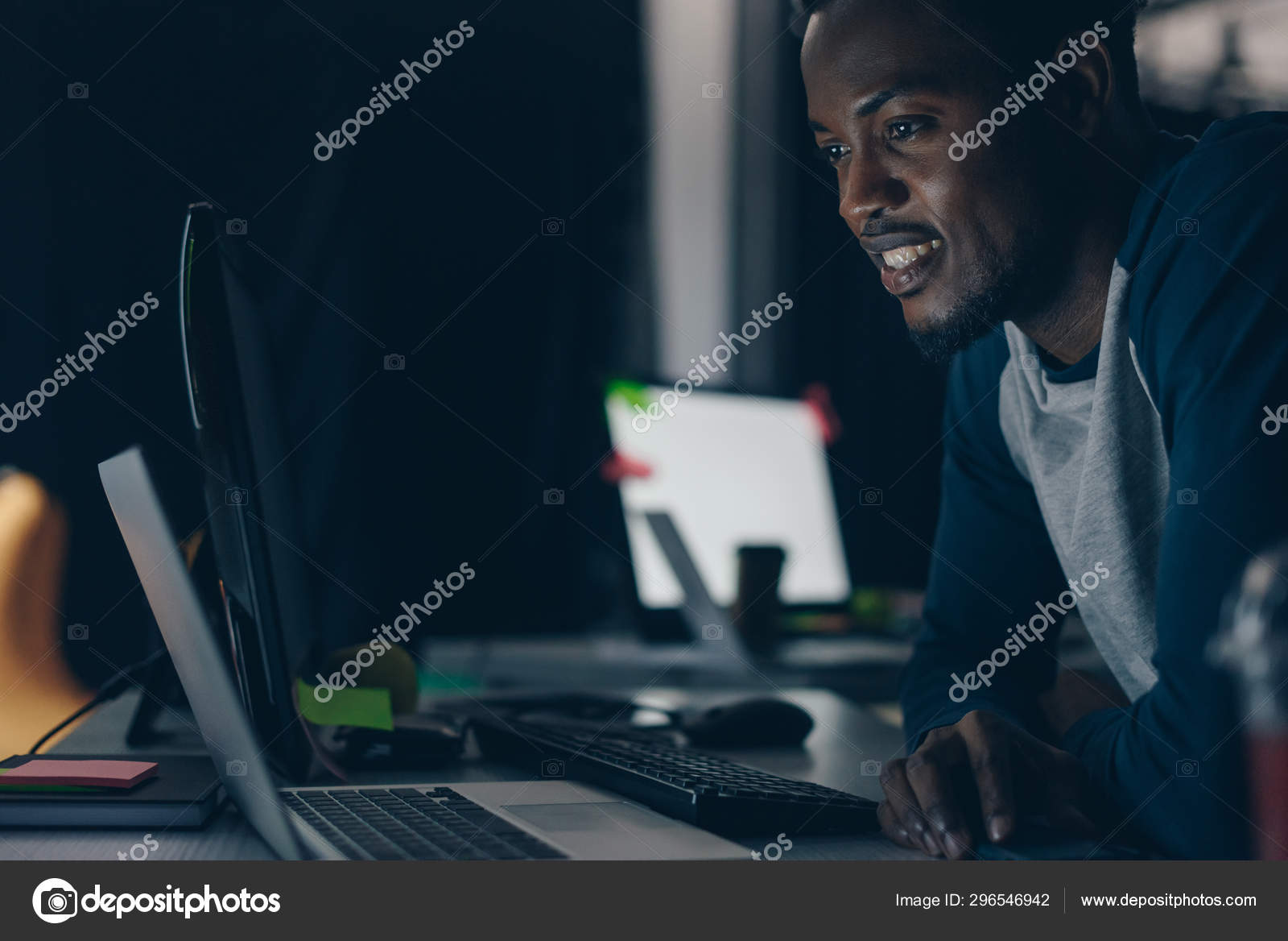 Young African American Programmer Smiling While Looking Computer ...