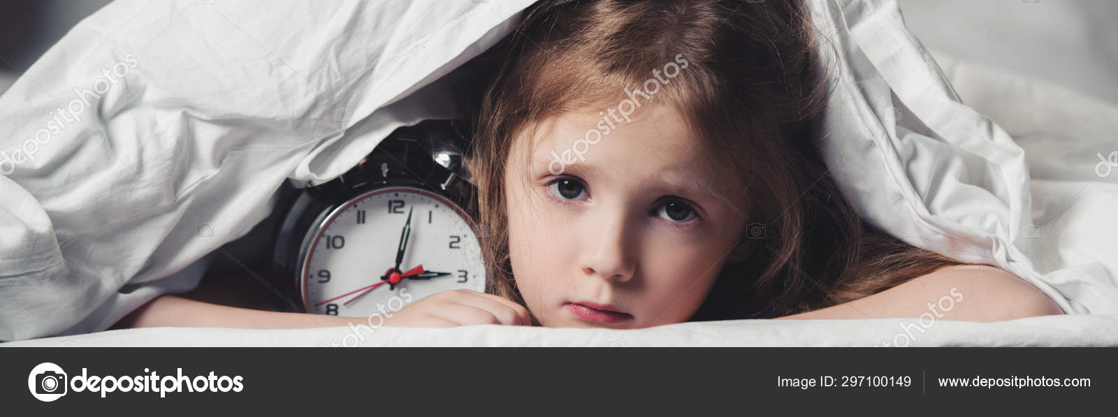Panoramic Shot Scared Kid Hiding Blanket Alarm Clock Stock Photo by ...