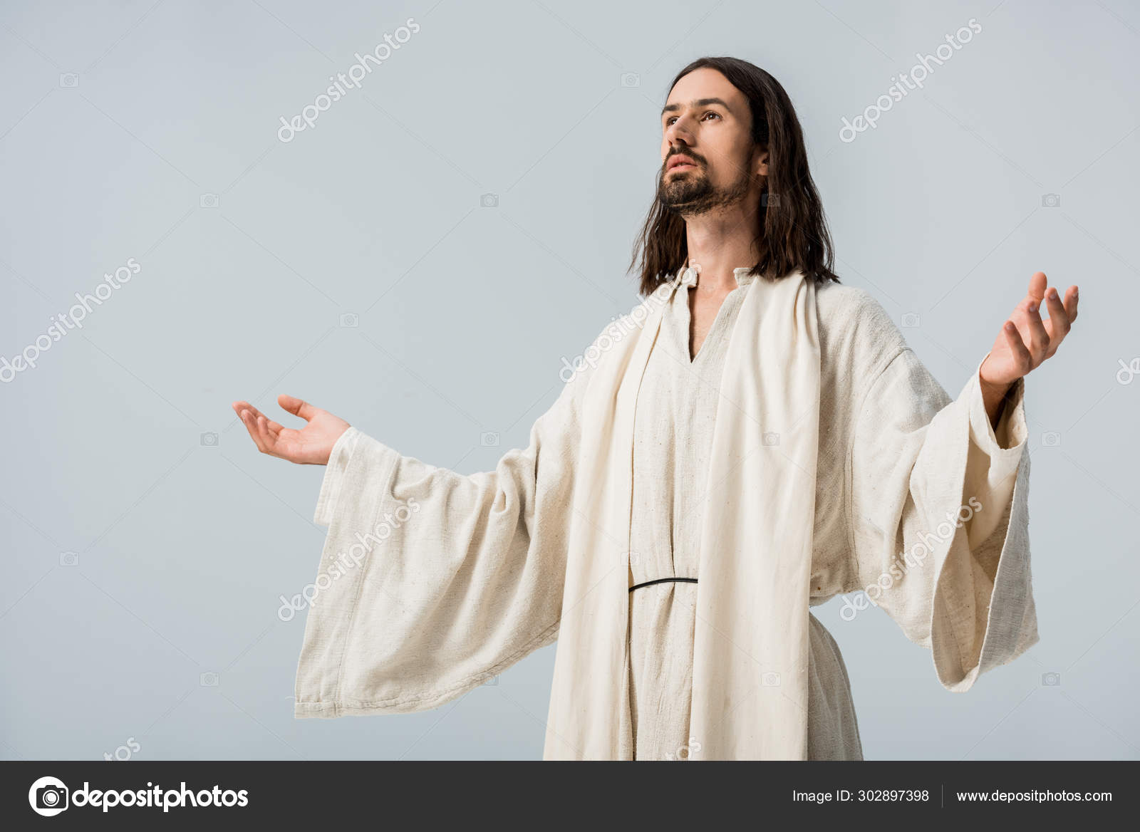 Man Jesus Robe Outstretched Hands Isolated Grey Stock Photo by ...