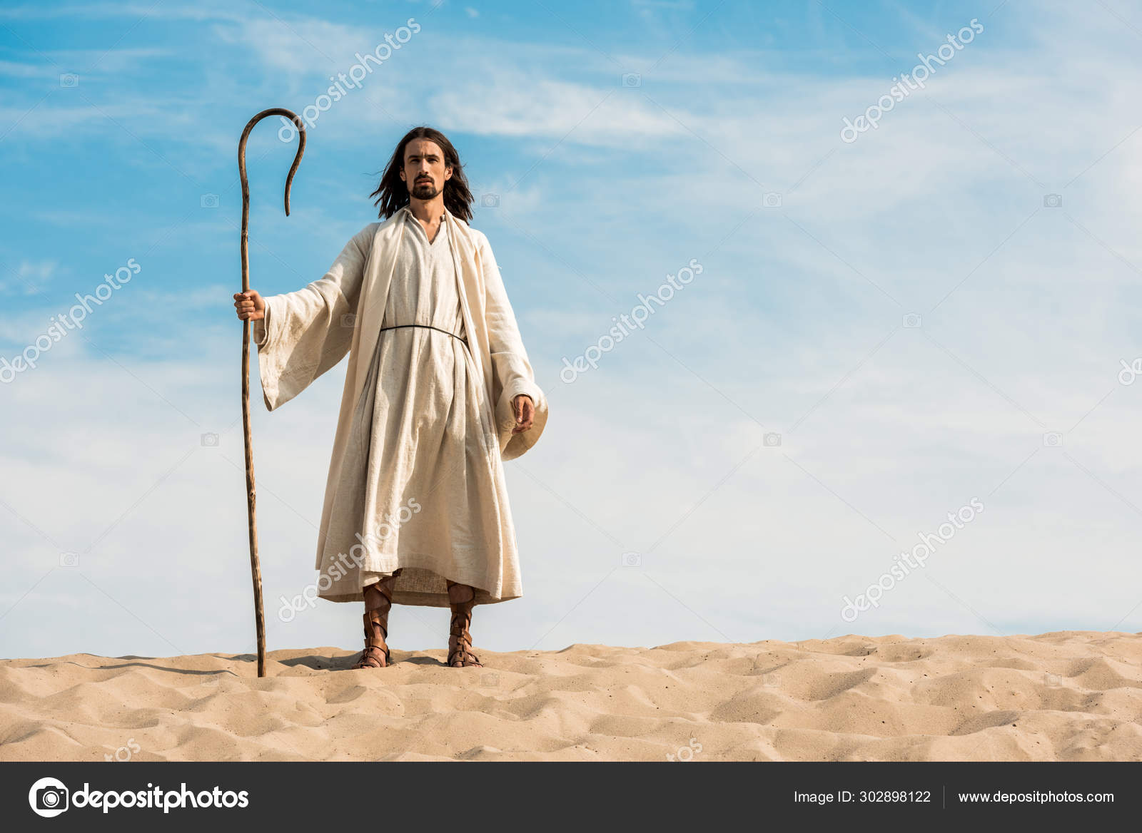 Handsome Man Jesus Robe Holding Wooden Cane Blue Sky Desert — Stock ...