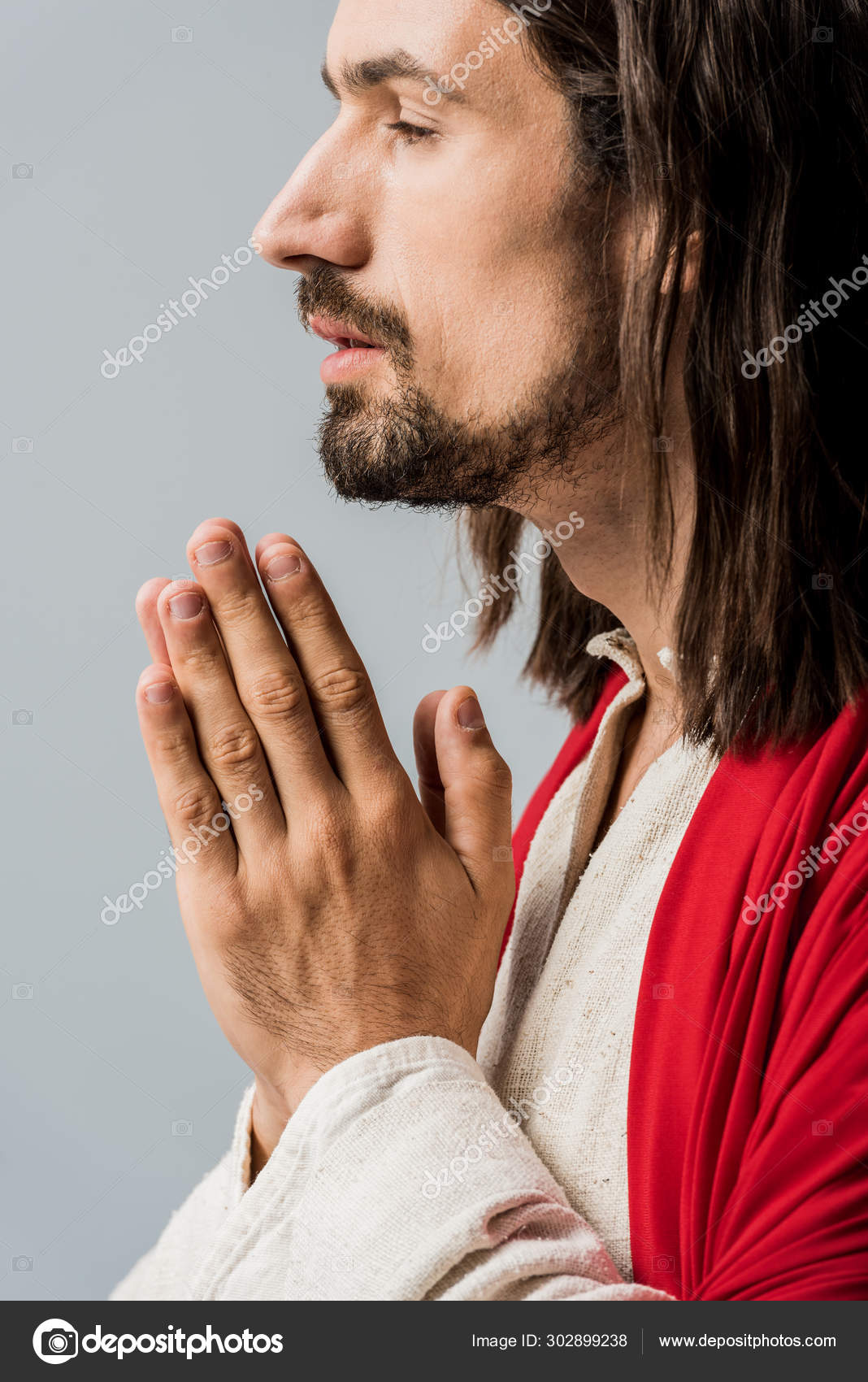 Side View Bearded Man Praying Hands Isolated Grey — Stock Photo ... Side View Bearded Man Praying Hands Isolated Grey — Stock Photo ...