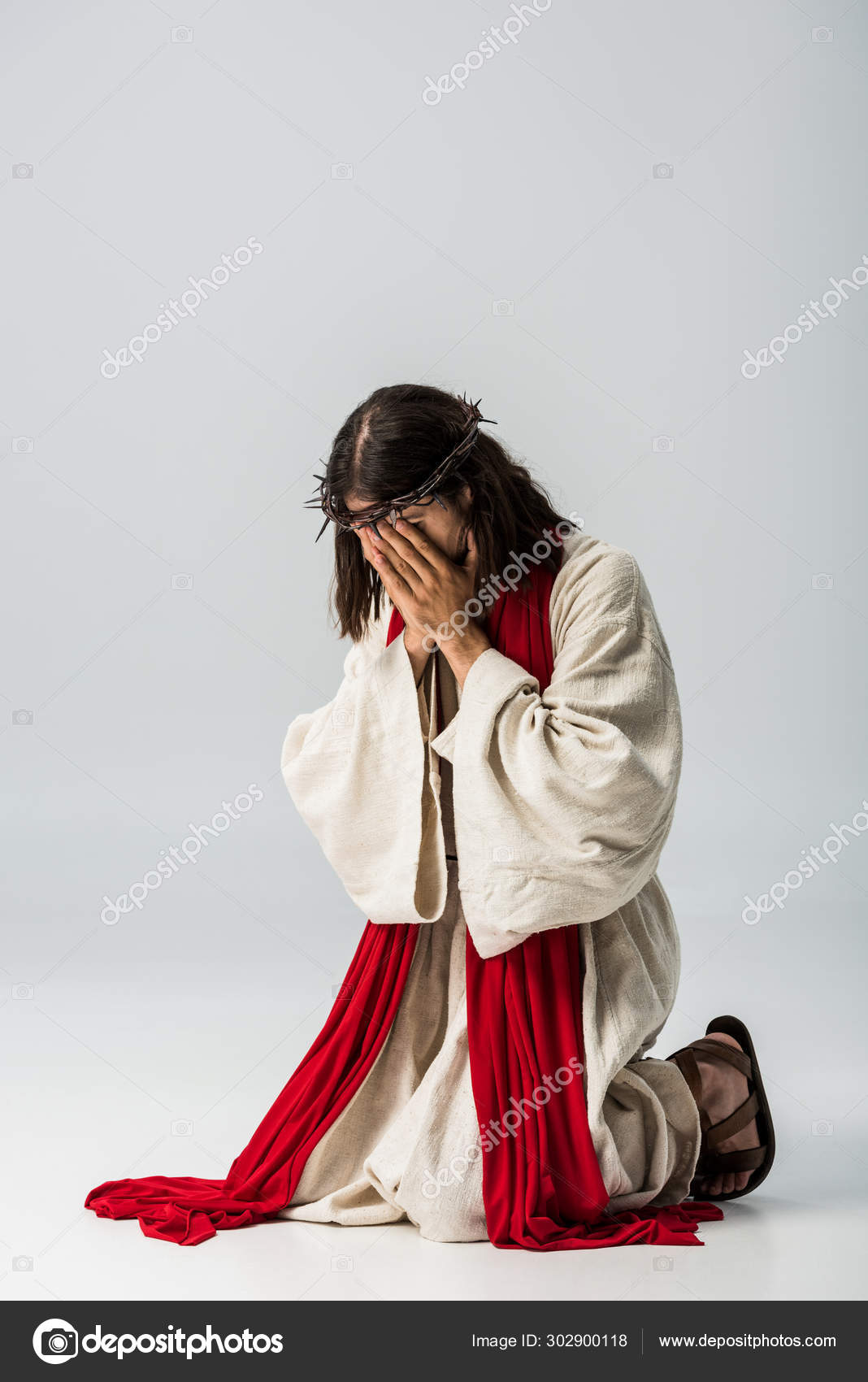 Jesus Wreath Covering Face While Praying Knees Grey — Stock Photo ...